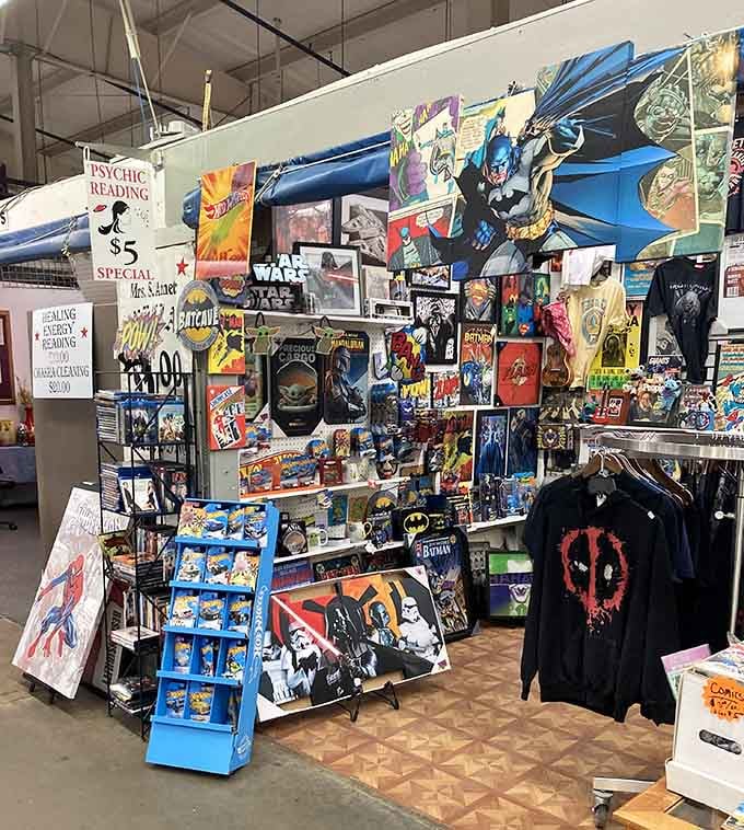 Comic book heroes and collectibles pack this vendor's booth tighter than a superhero convention floor.