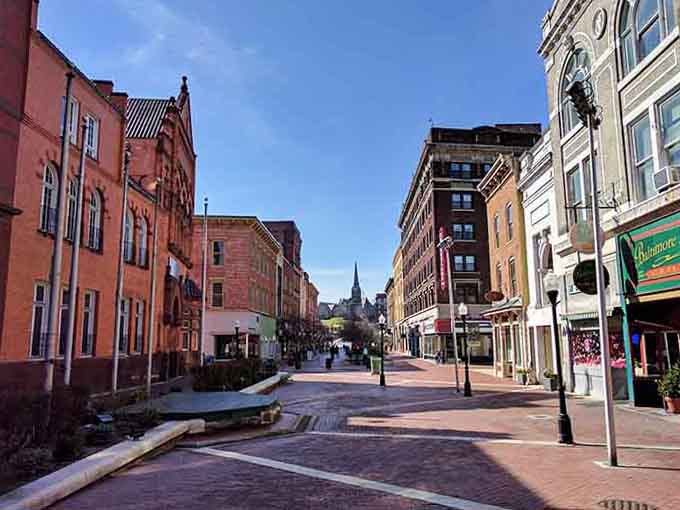 Baltimore Street's pedestrian mall where window shopping is actually pleasant and nobody's honking at you for existing in public space.