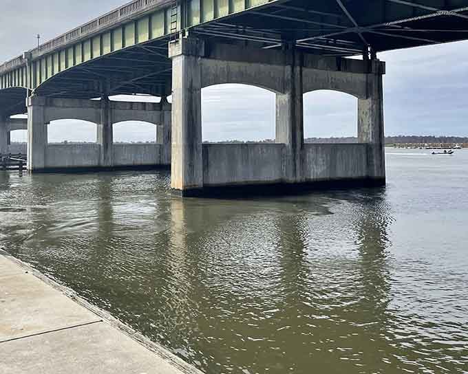 The bridge spans the river like a modern addition to a centuries-old conversation about water and commerce.
