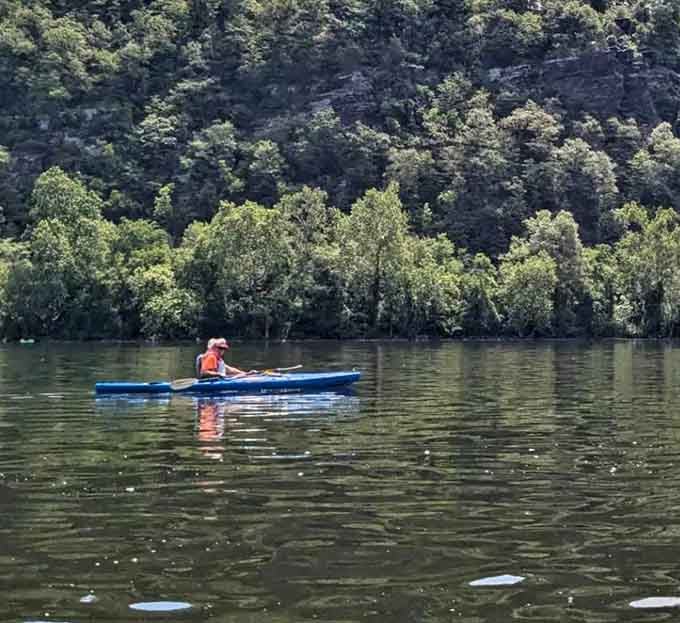 Kayakers glide past cliffs and forests, living their best life while you're stuck in traffic on the Parkway.