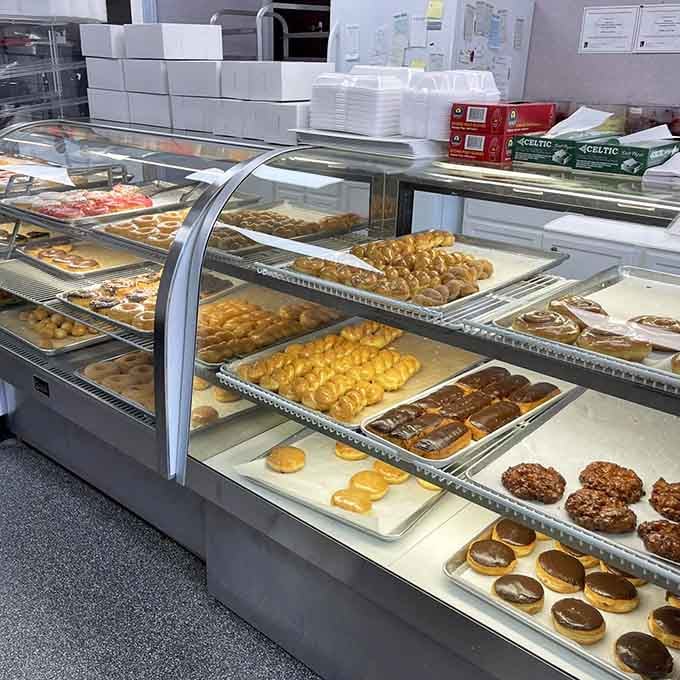 The full display case reveals why arriving early is crucial for maximum selection and minimum regret.