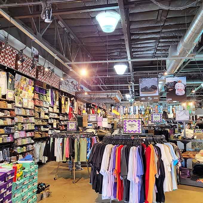 Industrial chic meets casual comfort in this sprawling space where finding your size feels like a personal victory lap.