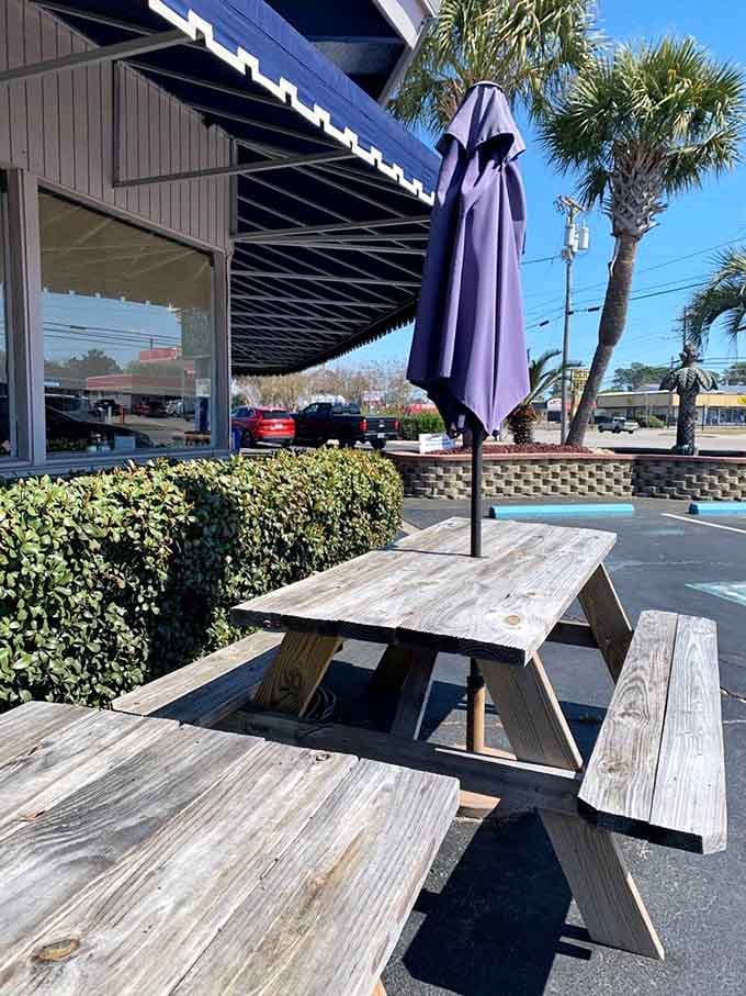 Outdoor seating with palm trees overhead, because sometimes breakfast tastes better with a side of coastal breeze.