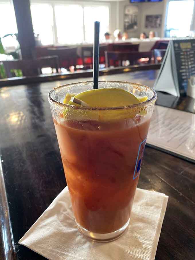 That Bloody Mary looks like it means business, complete with Old Bay rim and enough garnish for lunch.