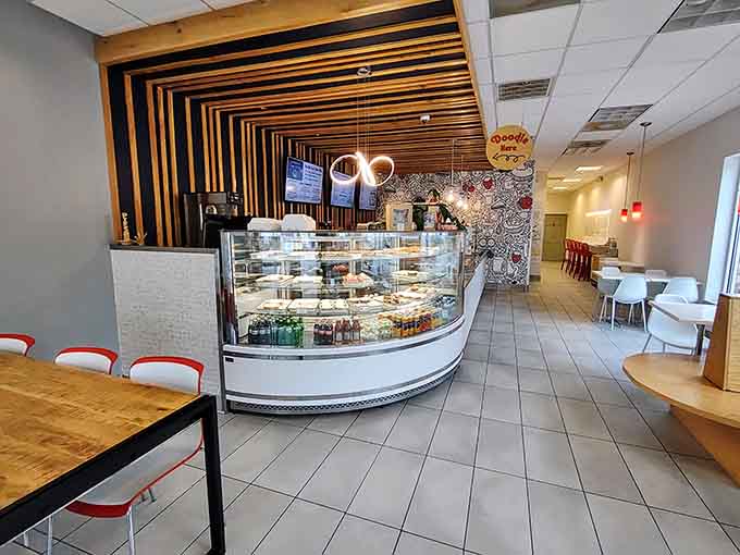 The curved display case shows off the goods like jewelry, which is appropriate because these pies are precious.