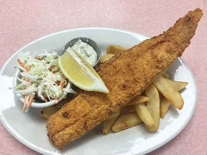 Fish and chips with a golden crust that would make the British nod approvingly across the pond.