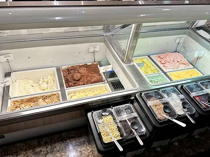 The ice cream station offers multiple flavors and toppings, turning frozen dessert into a choose-your-own-adventure story.