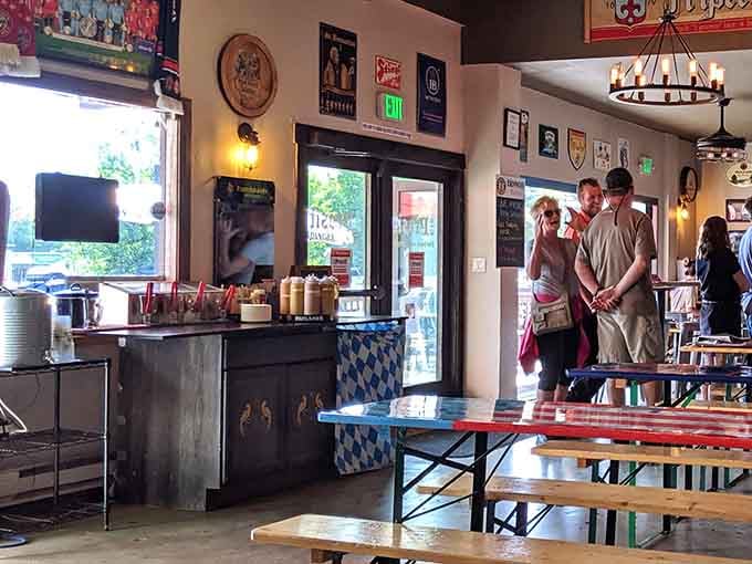 Beer steins hanging overhead and Bavarian flags create an atmosphere that Munich would definitely approve of wholeheartedly.
