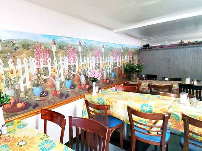 Hand-painted murals of German countryside scenes transport you straight to Europe without the expensive plane ticket required.