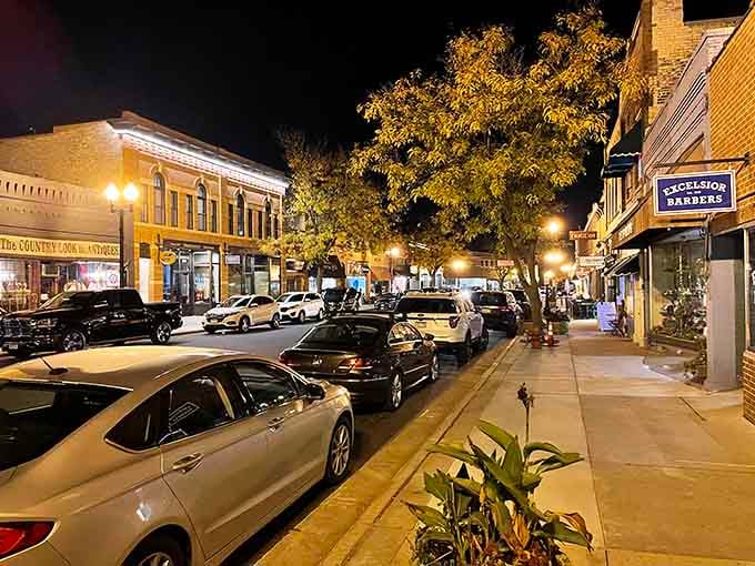 Downtown Excelsior after dark glows with that small-town charm that makes you want to park and wander awhile.