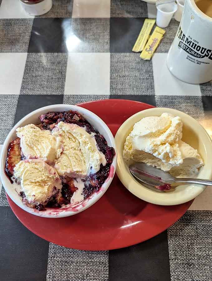 Two cobblers means twice the happiness, with ice cream melting into warm berry bliss perfectly.