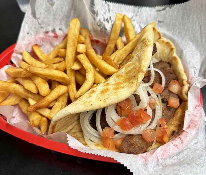 Gyro meat, fries, and pita come together in this Mediterranean-inspired creation that works surprisingly well any time of day.