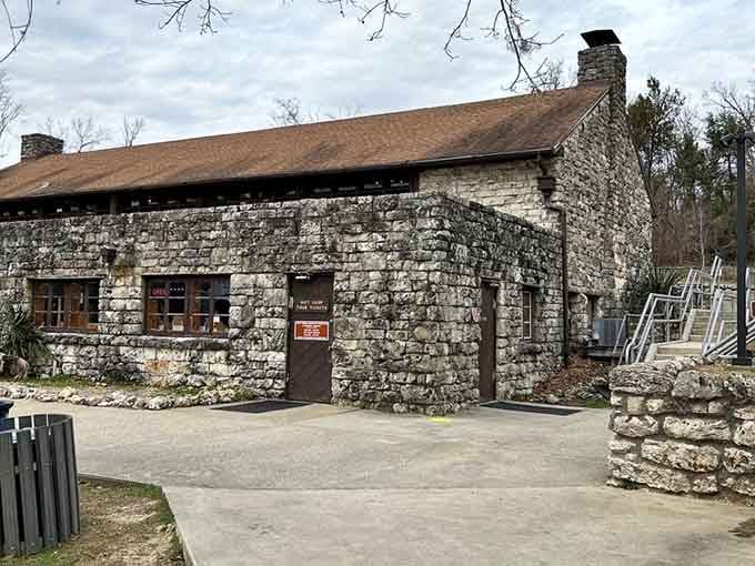 The limestone gift shop building fits perfectly with the park's aesthetic, like someone planned this whole thing out.