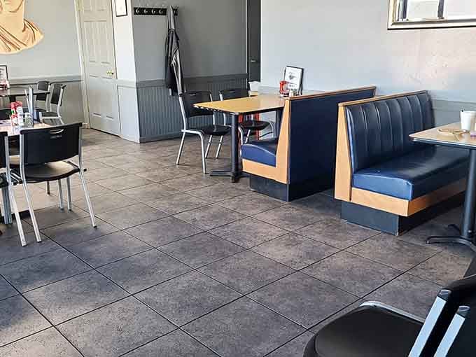 Booths that welcome lingering conversations and second cups of coffee without rushing you out the door.