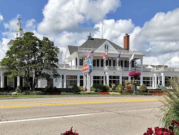 Zehnder's classic facade welcomes hungry visitors to experience legendary family-style chicken dinners that built this town's reputation.