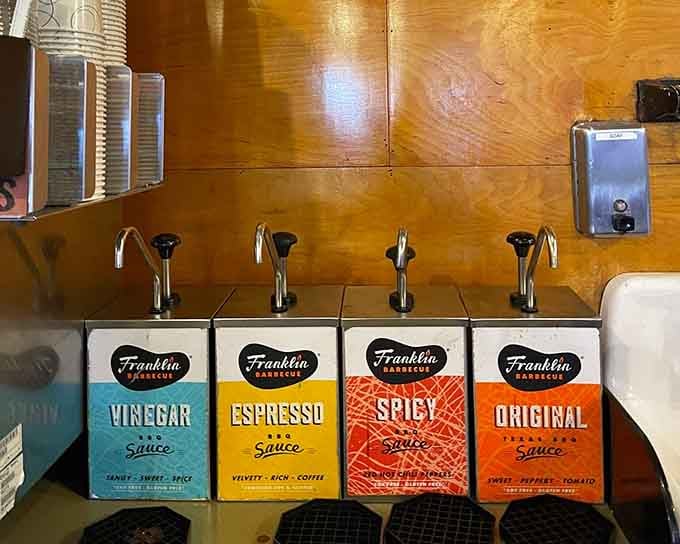 Four sauces ranging from tangy to spicy, though honestly, the meat barely needs the help at all here.