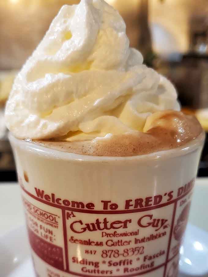 Hot chocolate topped with whipped cream in a cup that welcomes you to Fred's, sweet comfort in every sip.