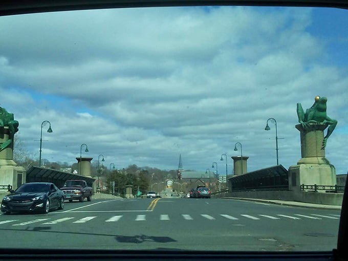 That moment when your windshield frames giant frogs and you realize Connecticut wins at weird.