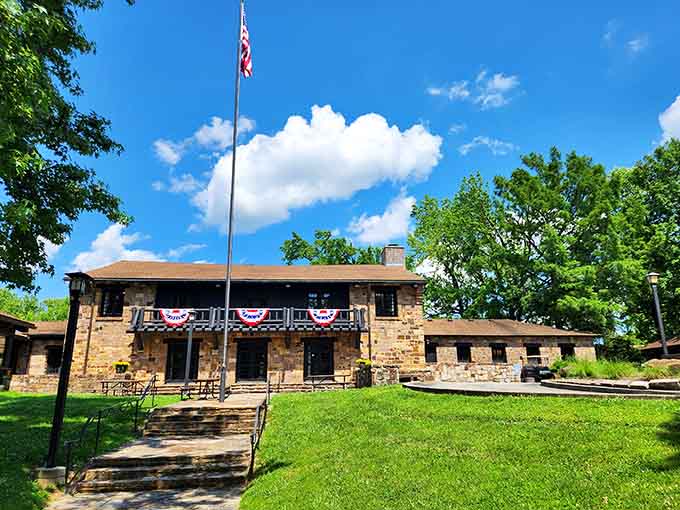 The historic CCC-built lodge stands as a testament to craftsmanship and the enduring appeal of stone and timber architecture.