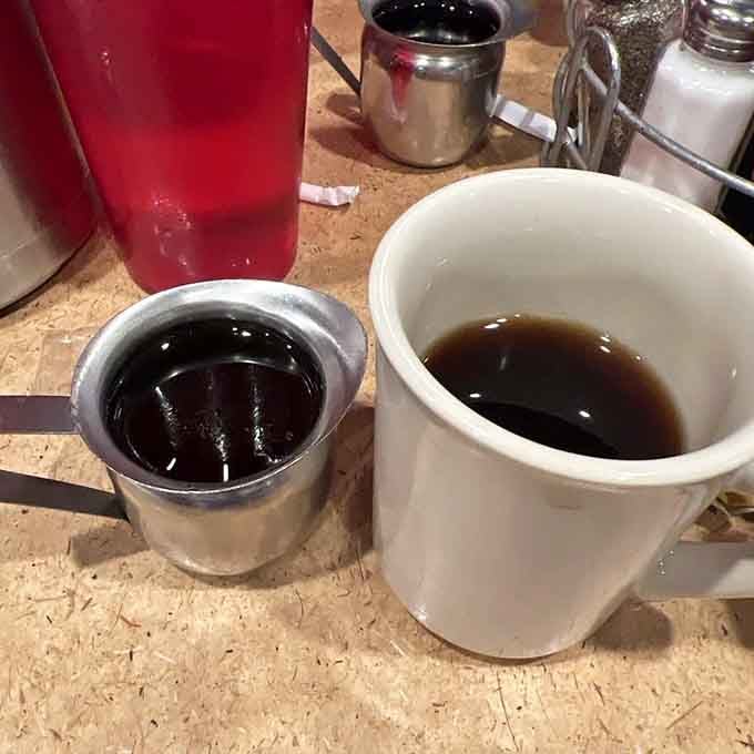 Coffee served in proper mugs with a carafe nearby, because good diners understand that refills should never require a search party.