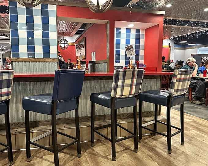 Counter seating with a view of the kitchen means you can watch the magic happen while contemplating your next visit.