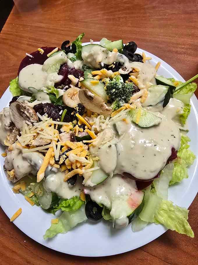 When your salad has this much ranch dressing, you're doing buffet vegetables exactly right, honestly.