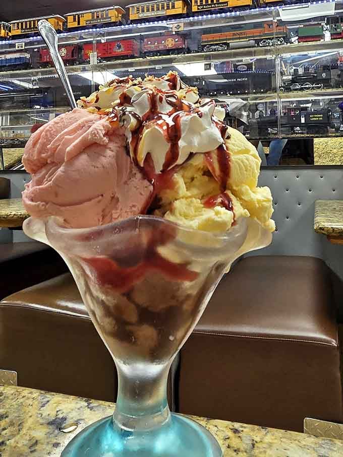 Three scoops of ice cream towering like Pisa, except this leaning tower you're supposed to devour before it topples.