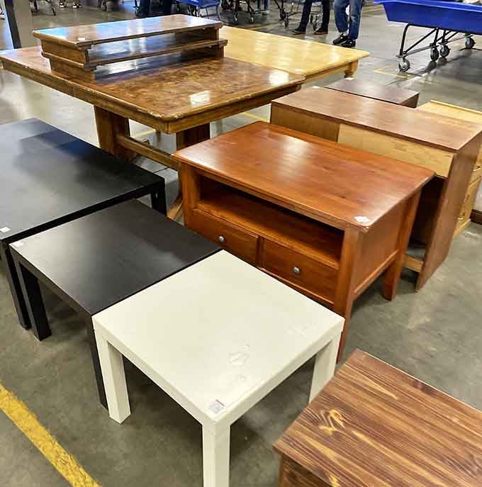 Tables of all shapes and sizes await new dining rooms and living spaces, solid wood construction at featherweight prices.