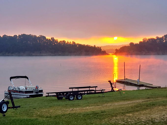 Sunrise over the lake with your boat ready to go, this is what retirement brochures are trying to capture.