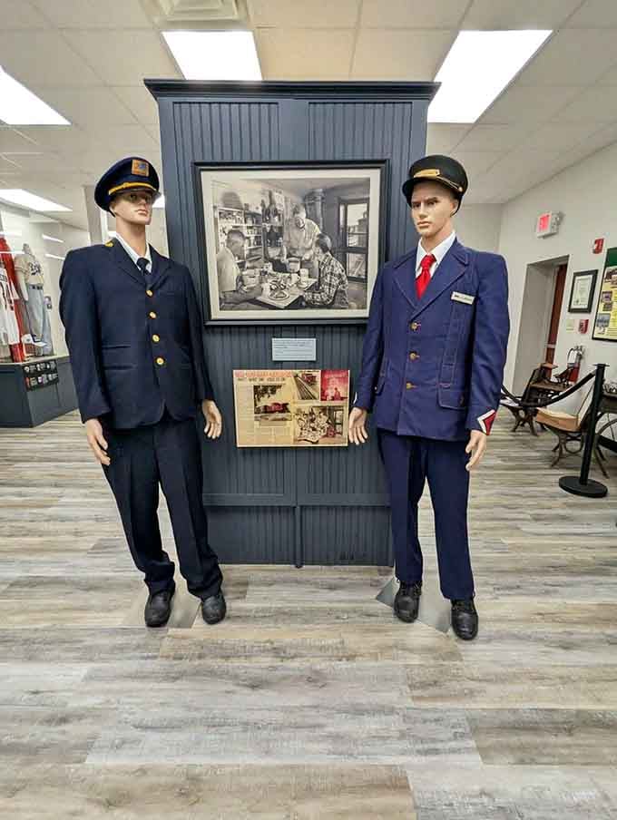 These uniformed mannequins represent the conductors and porters who kept America's trains running like clockwork daily.