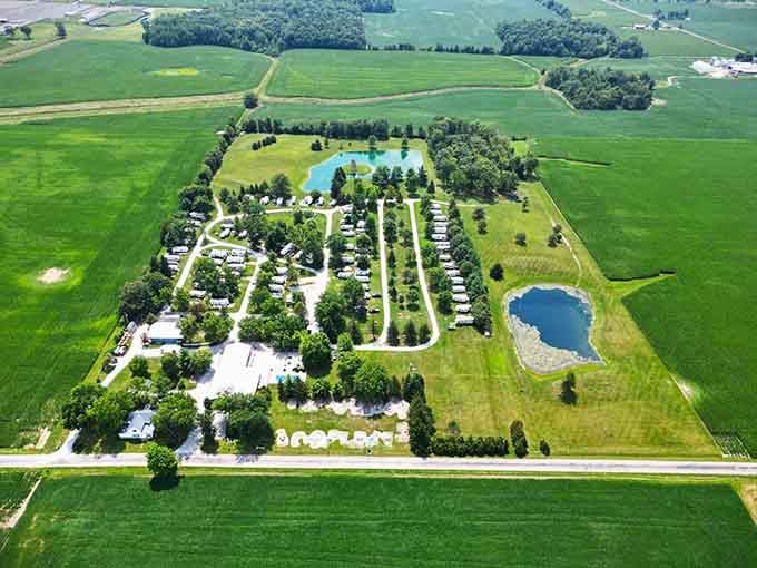 Aerial view revealing Hartford City's green oasis nestled in farmland, where recreation and nature coexist in perfect harmony.