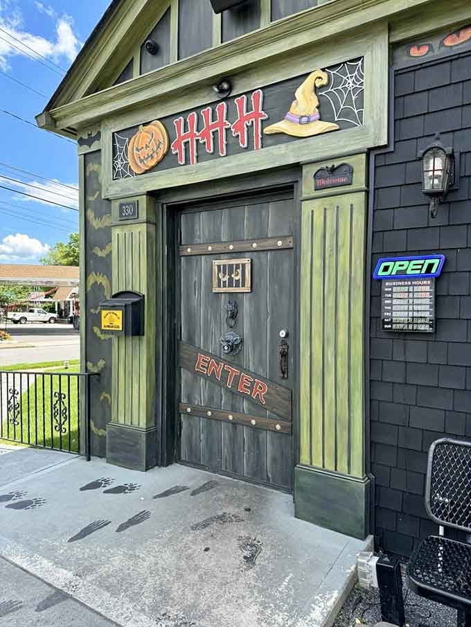 That entrance door looks like it belongs in a horror movie, but inside awaits delicious food instead of jump scares.