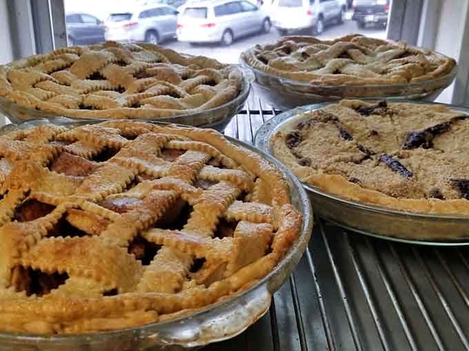 Homemade pies with lattice crusts waiting for you proves dessert for breakfast is always an option.