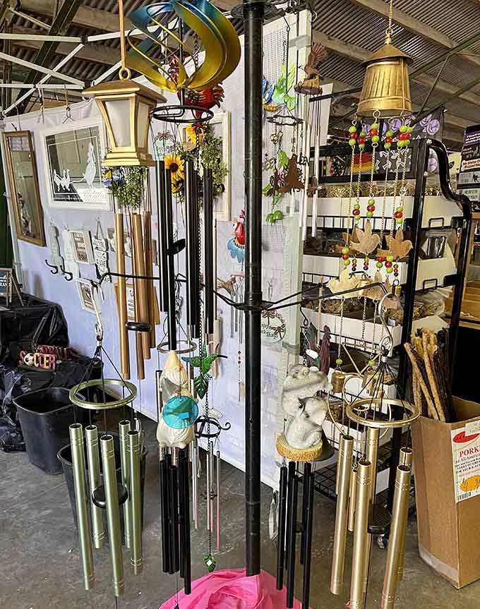 Wind chimes and garden decorations catch the light, promising to transform any backyard into something more interesting than the neighbors'.