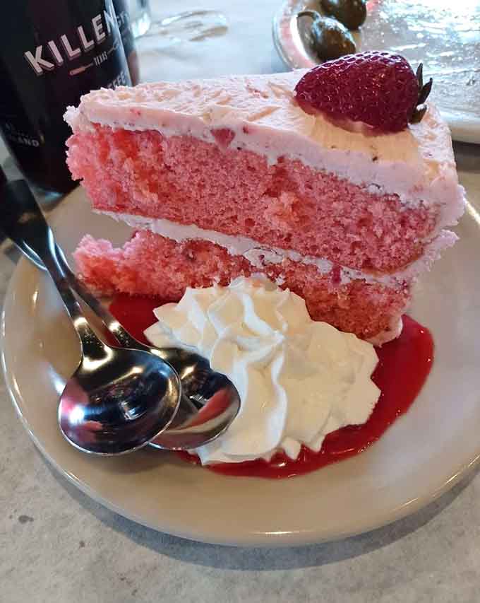 Strawberry cake so pretty it almost makes you forget about the pounds of meat you just consumed. Almost.