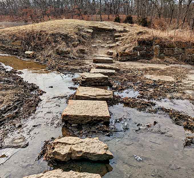 Stone stepping paths cross streams, turning simple creek crossings into miniature adventures worth remembering.