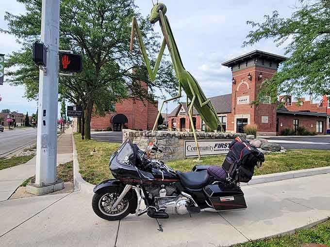 When your Harley needs a photo op, nothing says "Indiana adventure" quite like a giant praying mantis backdrop.