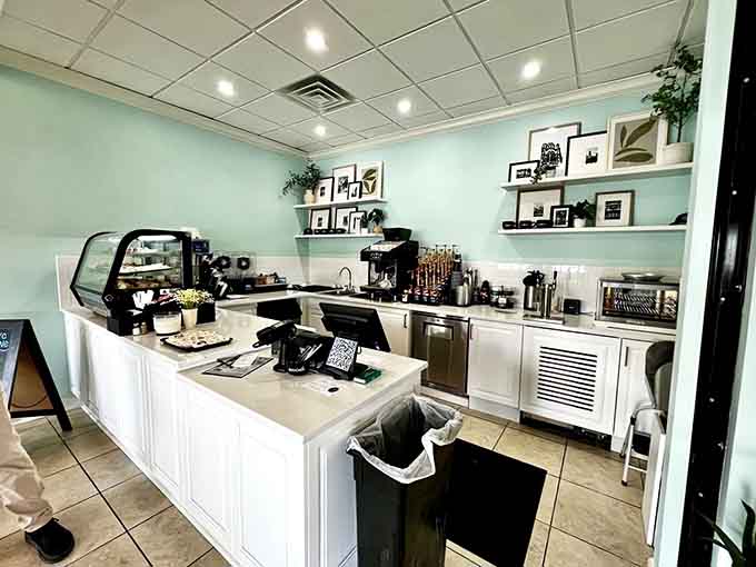 The coffee station gleams with professional equipment, ready to craft café au lait that rivals anything in France.