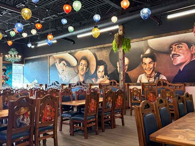 Colorful glass globes hang from the ceiling like a fiesta that decided to stay permanently overhead for everyone.