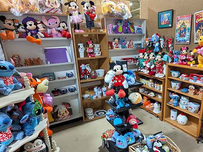 Disney plush toys stacked floor to ceiling, creating what can only be described as organized chaos with ears.