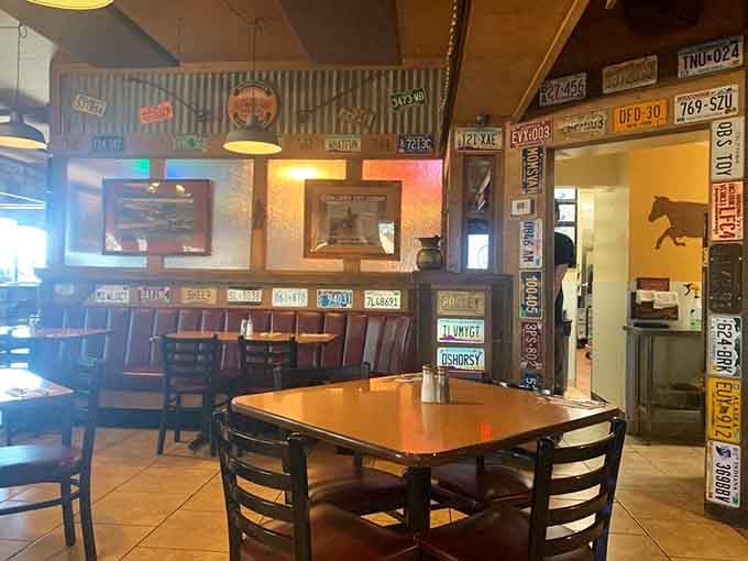 Vintage license plates and rustic wood create a time capsule where good food never goes out of style.