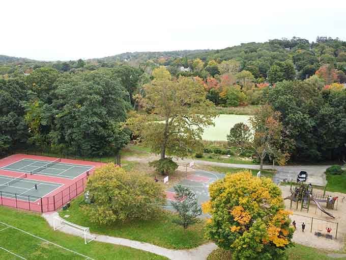 Adams Park offers tennis courts and autumn foliage views that make you grateful for New England's natural beauty.