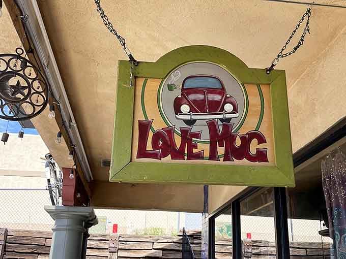 The Love Mug sign featuring a classic VW Beetle tells you everything you need to know before walking in.
