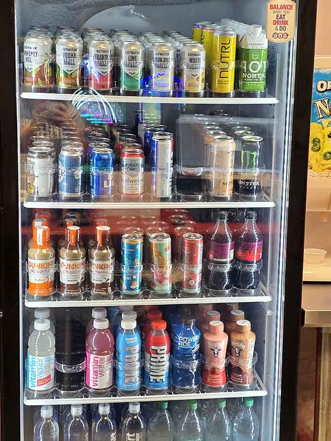 A beverage cooler stocked with everything from energy drinks to water keeps everyone hydrated during their indoor adventures.