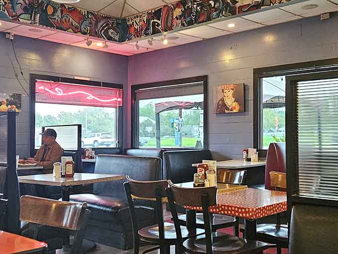 Windows let in natural light while the quirky decor reminds you this isn't your grandmother's diner, unless she was really cool.