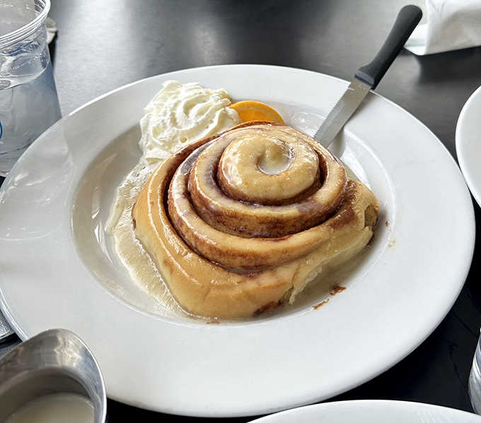 That cinnamon roll could double as a work of art, if art were delicious and covered in icing.
