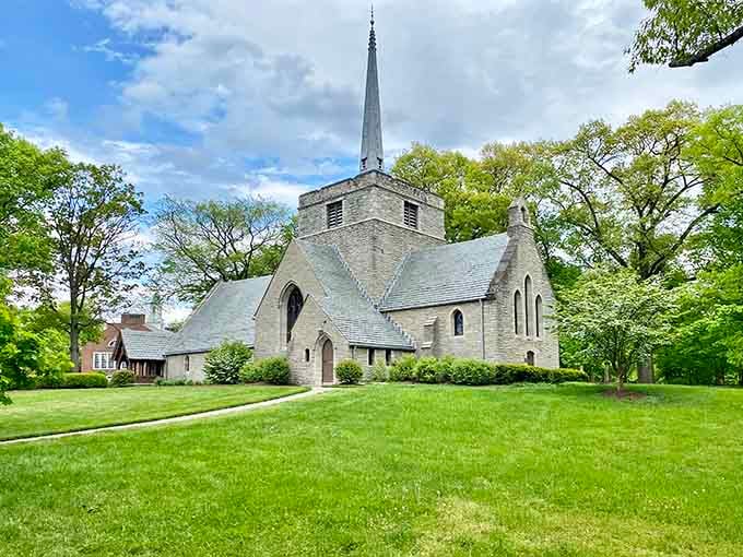 This stone church nestled in greenery looks like it's been here forever, patiently waiting for Sunday services and weddings.