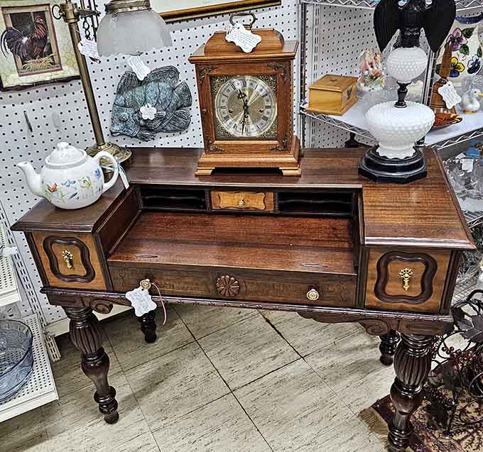 A vintage spinet desk where countless letters were written before email ruined everything personal forever.