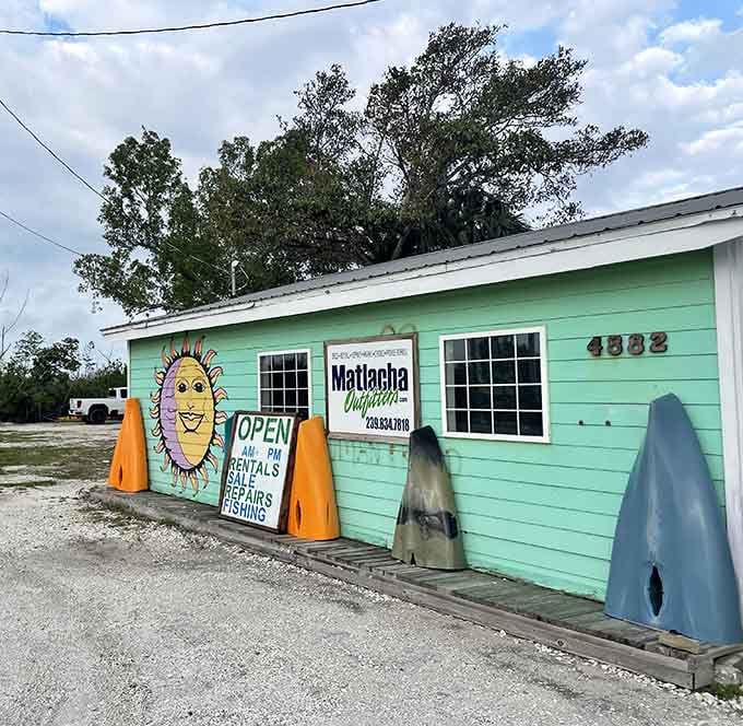 That smiling pufferfish mural welcomes anglers and dreamers to gear up for adventures in these productive waters.