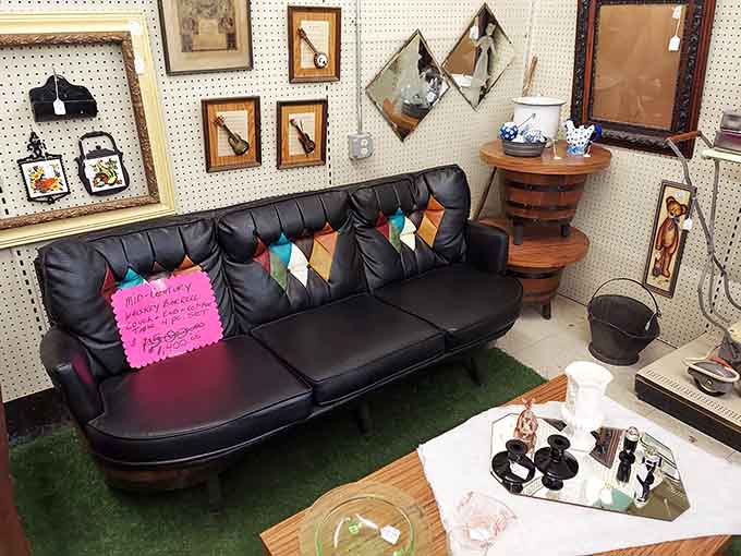 That tufted couch has seen better days but still has stories to tell and character to spare.